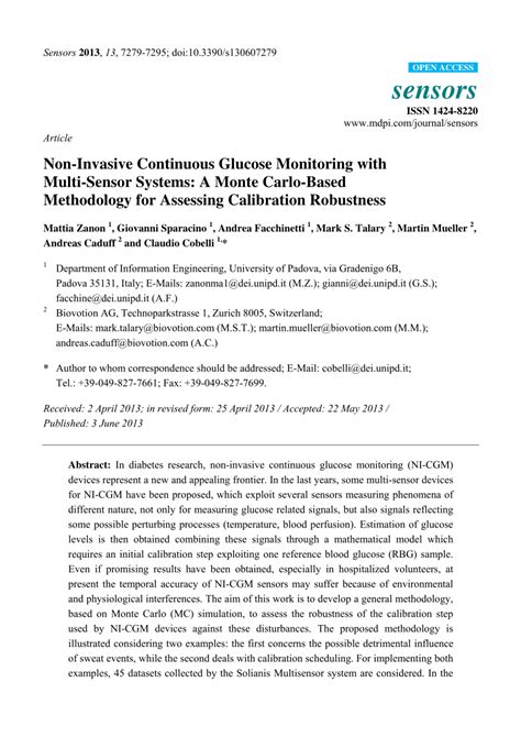 Pdf Non Invasive Continuous Glucose Monitoring With Multi Sensor Systems A Monte Carlo Based