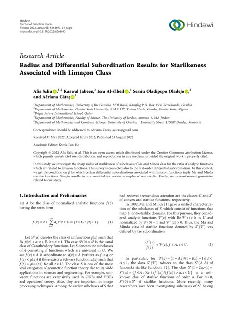 Pdf Radius And Differential Subordination Results For Starlikeness Associated With Limaçon Class