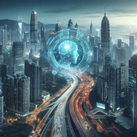 Futuristic Cityscape With A Glowing Orb Symbolizing Advanced Urban Tech Stock Illustration