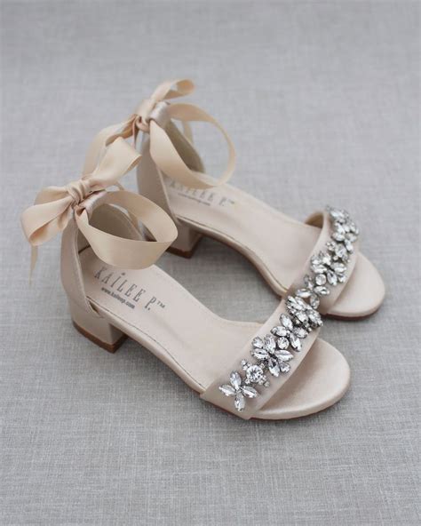 Champagne Girls Satin Block Heel Sandals With Floral Rhinestones On