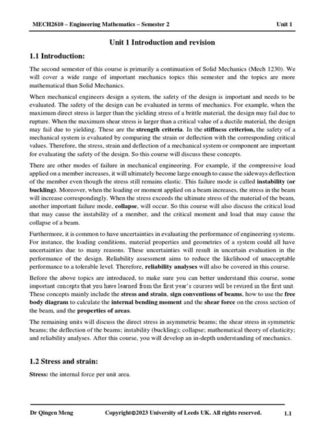 Mech2610 S2 Unit 1 Lecture Notes Pdf Bending Beam Structure