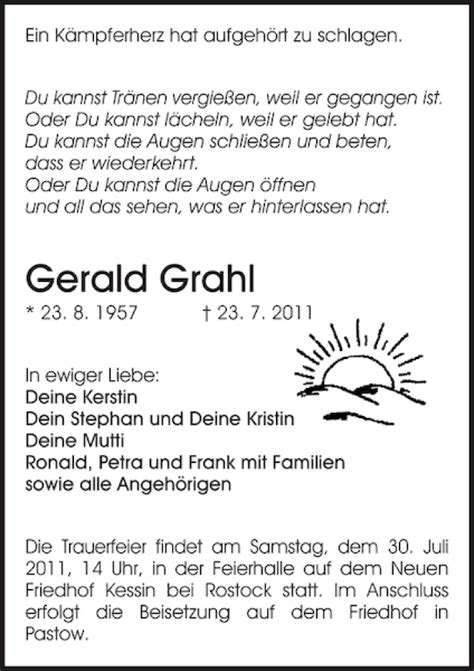 Traueranzeigen Von Gerald Grahl Trauer Anzeigende