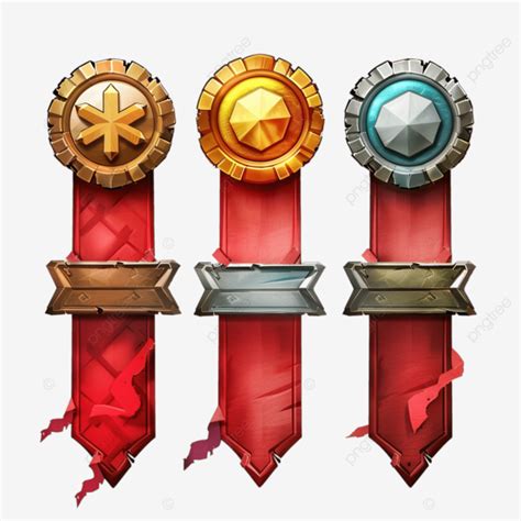 빨간 리본이 달린 게임 Ui 골드 실버 브론즈 순위 배지 메달 2d 추상적인 성취 Png 일러스트 및 이미지 에 대한 무료