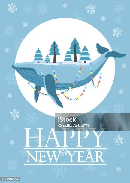 거짓말 하는 거꾸로 거 대 한 물고기 나무 새 해 벡터 인사말 카드에 화 환으로 장식 된 고래 갈란드 장식품에 대한 스톡 벡터 아트 및 기타 이미지 Istock