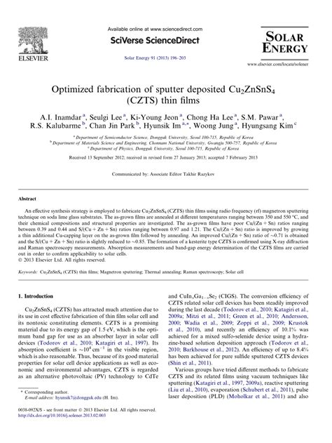 Pdf Optimized Fabrication Of Sputter Deposited Cu2znsns4 Czts Thin