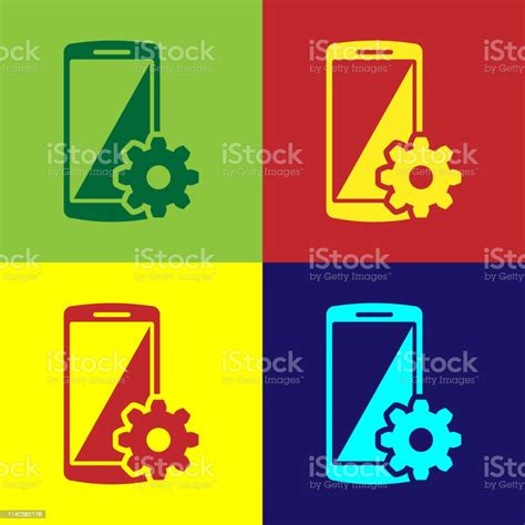 컬러 배경에 스마트폰 화면 아이콘의 색상 설정 휴대 전화와 기어 기호입니다 응용 프로그램을 조정 옵션을 설정 수리 전화 개념을 수정 평면 디자인입니다 벡터 일러스트 개념에