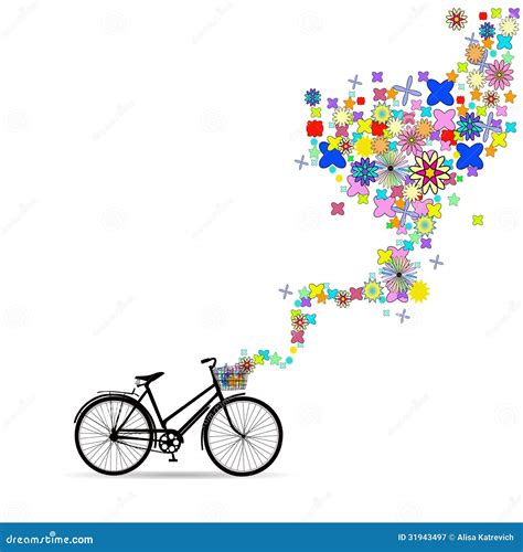 Велосипед с корзиной в декоративных цветках Иллюстрация вектора иллюстрации насчитывающей
