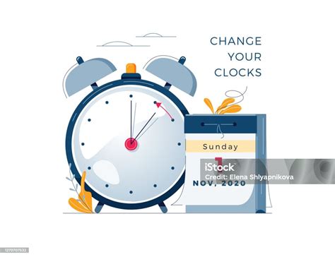 일광 절약 시간 제는 개념을 종료합니다 시계의 손은 겨울 시간으로 돌고 표시된 날짜와 달력 텍스트는 시계를 변경합니다 Dst는 미국에서 종료 현대 플랫 스타일 디자인벡터