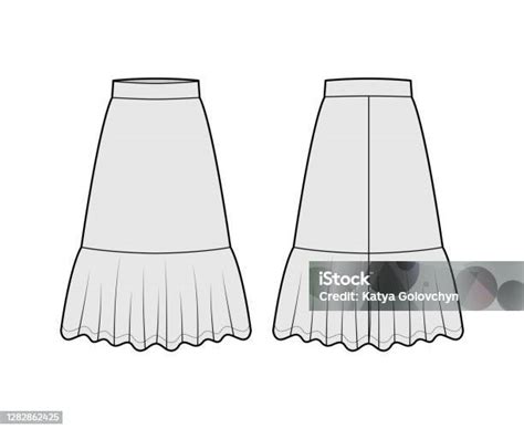 스커트 플럭스 테크니컬 패션 일러스트와 무릎 아래 길이 A 라인 실루엣 두꺼운 허리 밴드 바닥 검은색에 대한 스톡 벡터 아트 및 기타 이미지 Istock