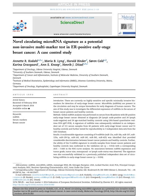Pdf Novel Circulating Microrna Signature As A Potential Non Invasive Multi Marker Test In Er