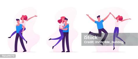 행복 한 사랑 커플 여가 시간 쾌활한 남자와 여자 캐릭터 함께 시간을 보내고 포옹 기뻐 손으로 점프 인간의 관계 공생 만화 플랫 벡터 일러스트 남자에 대한 스톡 벡터 아트