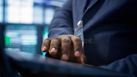 Close Up Shot Of Worker Looking For Data Center Network Issues Using Laptop Stock Image Image