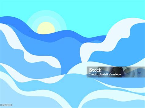 눈 덮인 언덕과 태양이있는 겨울 풍경 평평한 스타일의 산 풍경 겨울 추운 날씨 눈 덮인 언덕의 전망 포스터 배너 및 판촉 품목을위한 디자인 벡터 일러스트 레이 션 겨울에