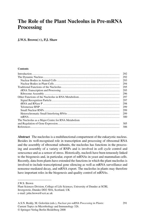 Pdf The Role Of The Plant Nucleolus In Pre Mrna Processing