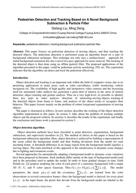 PDF Pedestrian Detection And Tracking Based On A Novel Background Subtraction Particle Filter