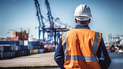 Premium Ai Image A Man Wearing Full Ppe Standing Looking At Port Cargo Container Box At A