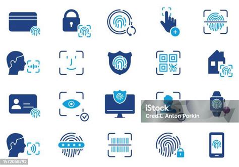 지문 휴대 전화의 얼굴 정체성 컴퓨터 실루엣 아이콘 세트 터치 Id 얼굴 Id 픽토그램 생체 인식 기호 보안 암호 색상 기호입니다 고립된 벡터 그림 검사 보기에 대한 스톡