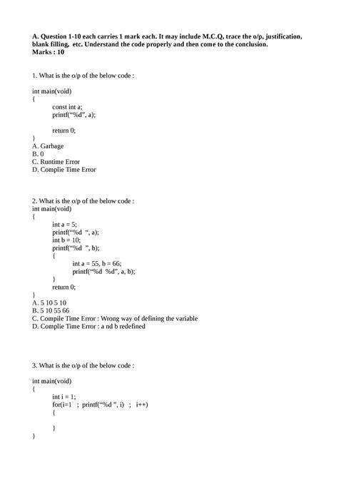 c test c language mcq a question 1 10 each carries 1 mark each it