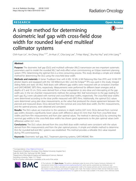 Pdf A Simple Method For Determining Dosimetric Leaf Gap With Cross Field Dose Width For