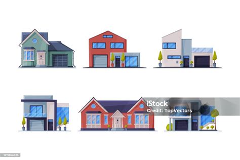 시골 별장과 주택이 있습니다 교외 및 도시 집 정면 만화 벡터 삽화 0명에 대한 스톡 벡터 아트 및 기타 이미지 0명 건물 정면 건축 Istock