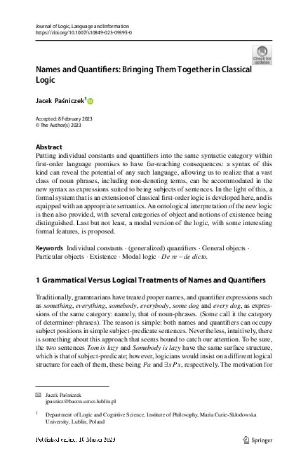 Pdf Names And Quantifiers Bringing Them Together In Classical Logic