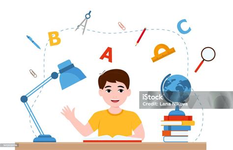 소년들은 글을 쓰고 아이들은 숙제를하고 집에서 수학을합니다 빨간 셔츠를 입은 만화 귀여운 어린 소년이 책상 위에 시팅 학습 연령의 개념 흰색 배경에 고립 된 벡터