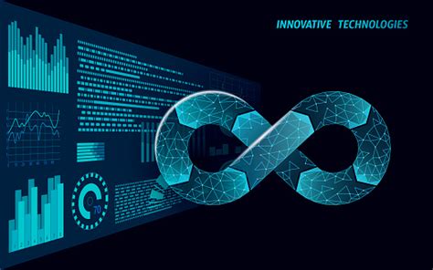 Devops 소프트웨어 개발 작업 무한대 기호 프로그래머 관리 Hud 디스플레이 시스템 코딩 건물 테스트 릴리스 모니터링 온라인 프리랜서 벡터 일러스트레이션 데브옵스에 대한
