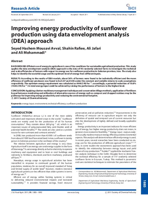 Pdf Improving Energy Productivity Of Sunflower Production Using Data Envelopment Analysis Dea