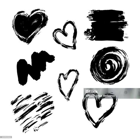 손으로 그린 브러쉬 스트로크 마음 추상 요소 잉크 얼룩과 흰색 바탕에 Grunge 텍스처의 집합입니다 디자인 카드 배너 배경