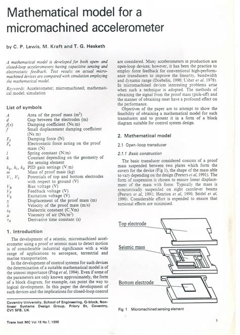 Pdf Mathematical Model For A Micromachined Accelerometer