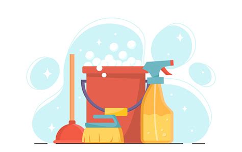 청소 서비스 장비 양동이 세제 및 걸레 하녀와 주부 소독 및 위생 청결과 위생 집안일과 일과 평면 벡터 일러스트 레이 션 가사 집안일에 대한 스톡 벡터 아트 및 기타 이미지
