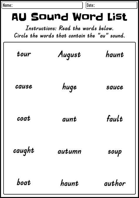 Printable Au Sound Phonics Worksheets Phonics Worksheets Learning