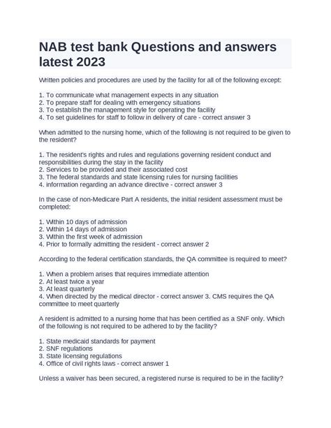 Nab Test Bank Nursing Home Administration Questions And Answers Exams Nursing Docsity