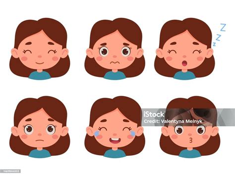 다양한 표정과 몸짓을 한 귀여운 만화 어린 소녀 다른 감정을 보여주는 만화 어린이 캐릭터 벡터 그림 감정에 대한 스톡 벡터 아트 및 기타 이미지 Istock
