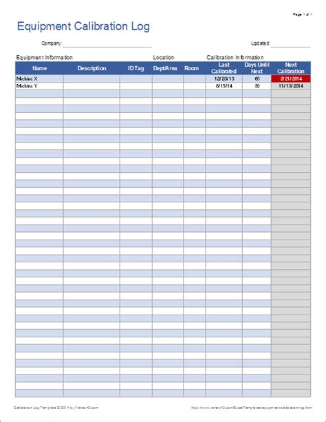 Calibration Log Excel Template