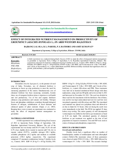 Pdf Effect Of Integrated Nutrient Management On Productivity Of Groundnut Arachis Hypogaea L