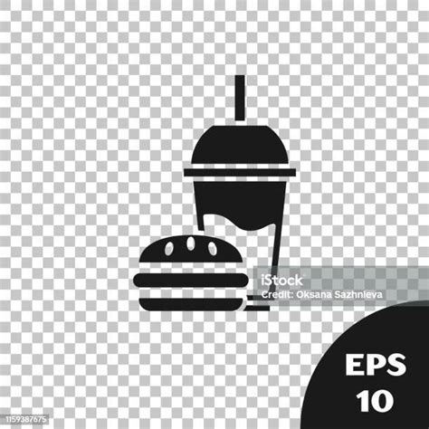 투명 한 배경에 고립 된 빨대와 햄버거 아이콘을 마시는 검은 종이 유리 소다 아쿠아 음료 표지판 햄버거 치즈 버거 샌드위치 벡터 일러스트레이션 0명에 대한 스톡 벡터 아트