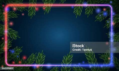 크리스마스 나뭇 가지 소나무의 녹색 가지의 축제 Xmas 경계 패턴 소나무 가지 가문비 나무 가지 빛나는 네온 프레임 텍스트 공간 사실적인 디자인 장식 요소 벡터