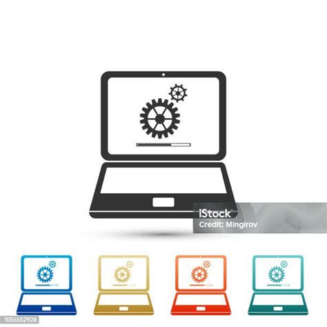 흰색 배경에 고립 된 기어 박스 진행 및 로딩 바 아이콘 노트북 업데이트 프로세스 시스템 소프트웨어 업데이트입니다 노트북 화면에서 프로세스를 로드합니다 착 색 된