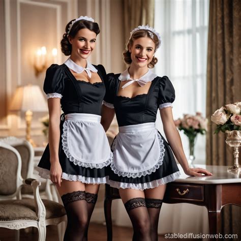 Boudoir Style Art Two Smiling French Maids In A Shortened Uniform