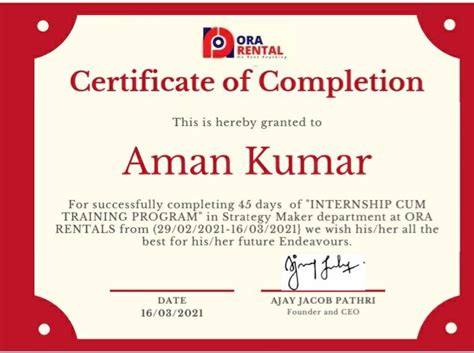 I Get Internship Certificate By Ora Rental Thanks For This Opportunity