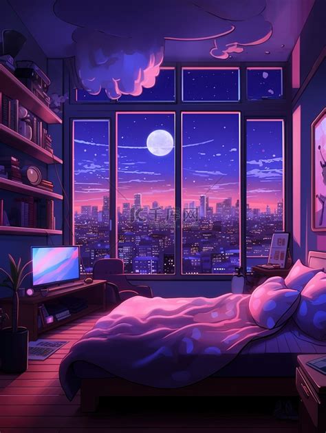 日落温馨卧室女孩风格卡通8插画图片 千库网