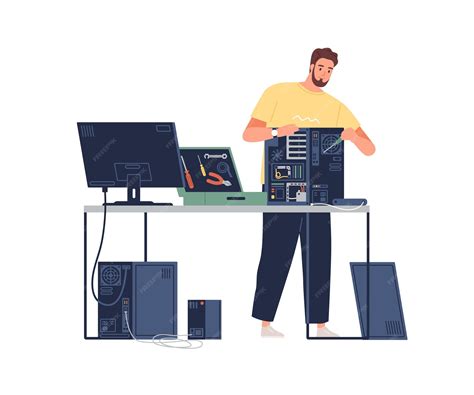 Premium Vector Sysadmin Repairing Computer Technician Mending Pc Hardware Repairman Working
