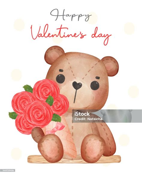 귀여운 해피 발렌타인 브라운 테디 베어 인형 포옹 장미 꽃다발 사랑스러운 만화 수채화 손으로 그린 벡터 일러스트 레이 션 갈색에