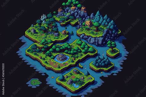 Pixel Art Fantasy RPG Game Map Isometric Map Top View Background In Retro Style For 8 Bit Game