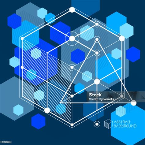 아이소메트릭 추상적인 선형 차원 큐브 모양으로 어두운 파란색 배경 3d 메쉬 요소 벡터 큐브 육각형 사각형 사각형 및 다른 추상 요소 레이아웃 0명에 대한 스톡 벡터 아트