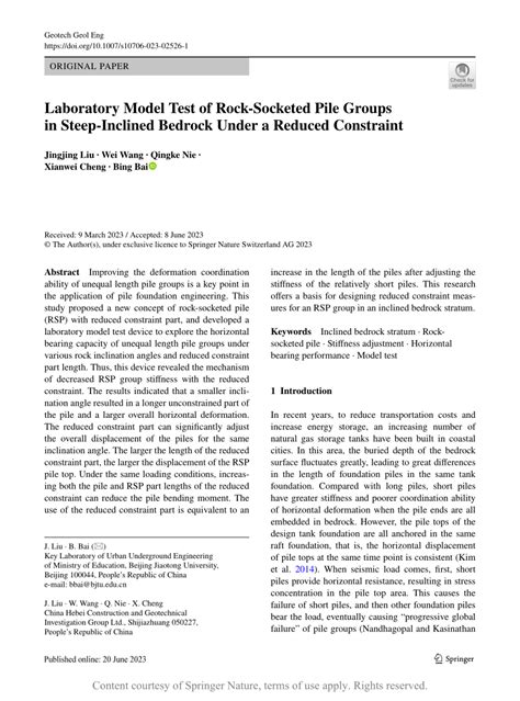 Laboratory Model Test Of Rock Socketed Pile Groups In Steep Inclined