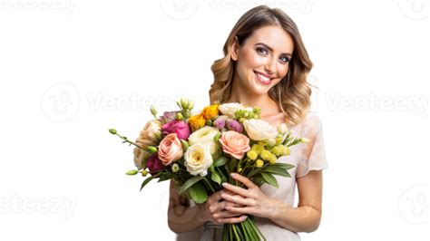 Woman Smiling And Holding A Bouquet Of Flowers Exuding Happiness