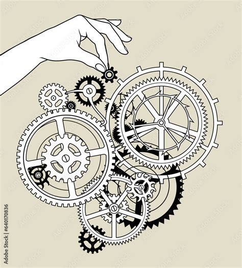Female Hand Holding A Gear In The Fingers And Gear Wheels Of Clockwork Drawn Sketch Of Gears