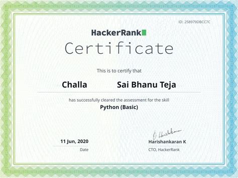 Sai Bhanu Teja Challa On Linkedin Pythonprogramming Hackerrank Certificate